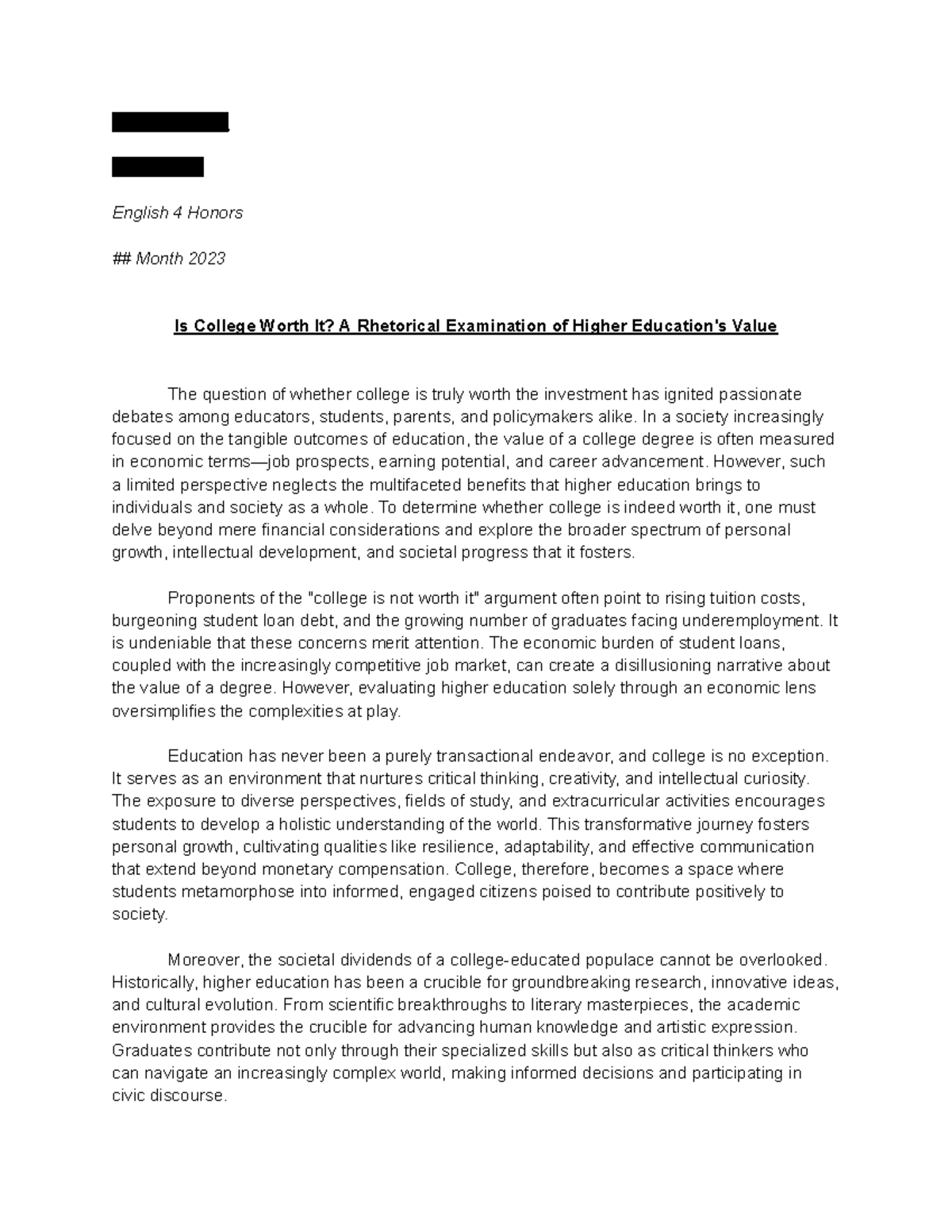 English 4 Honors Essay: Examining the True Value of College - Studocu