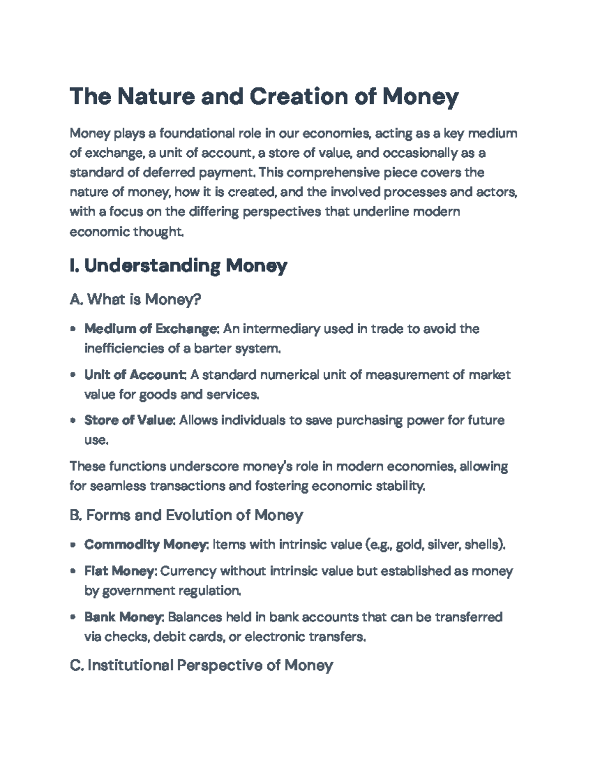 The Nature and Creation of Money: Economic Perspectives and Processes ...