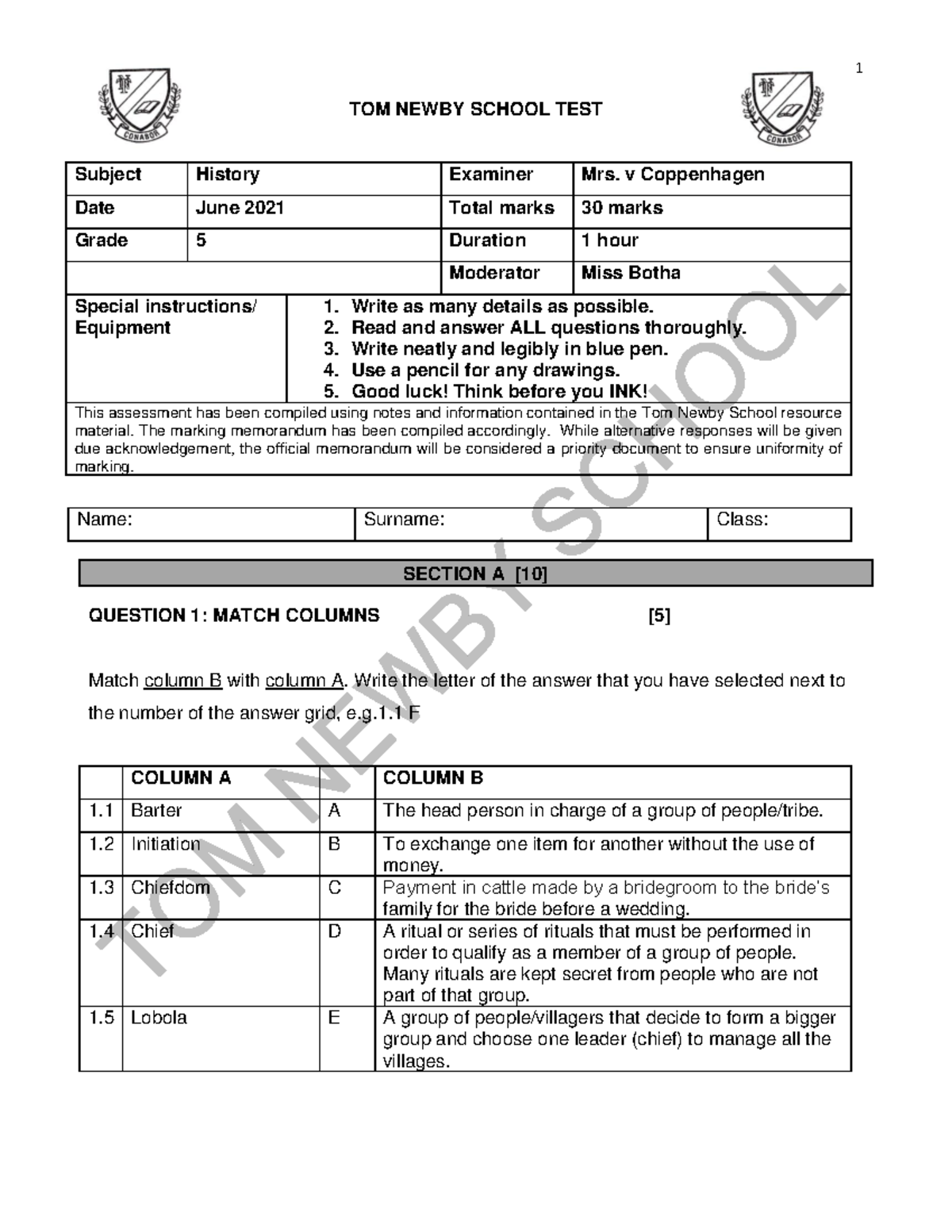 Grade 5 History Exam (HIST 1) - Tom New School, June 2021 - Studocu