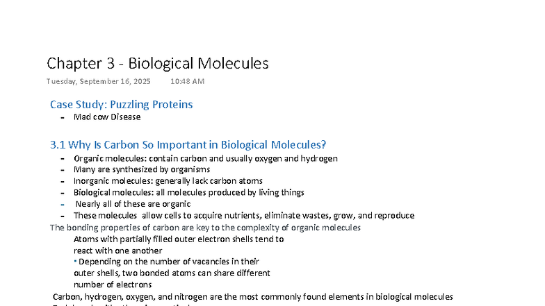 Chapter 3 - Biological Molecules: Case Study on Proteins and More - Studocu