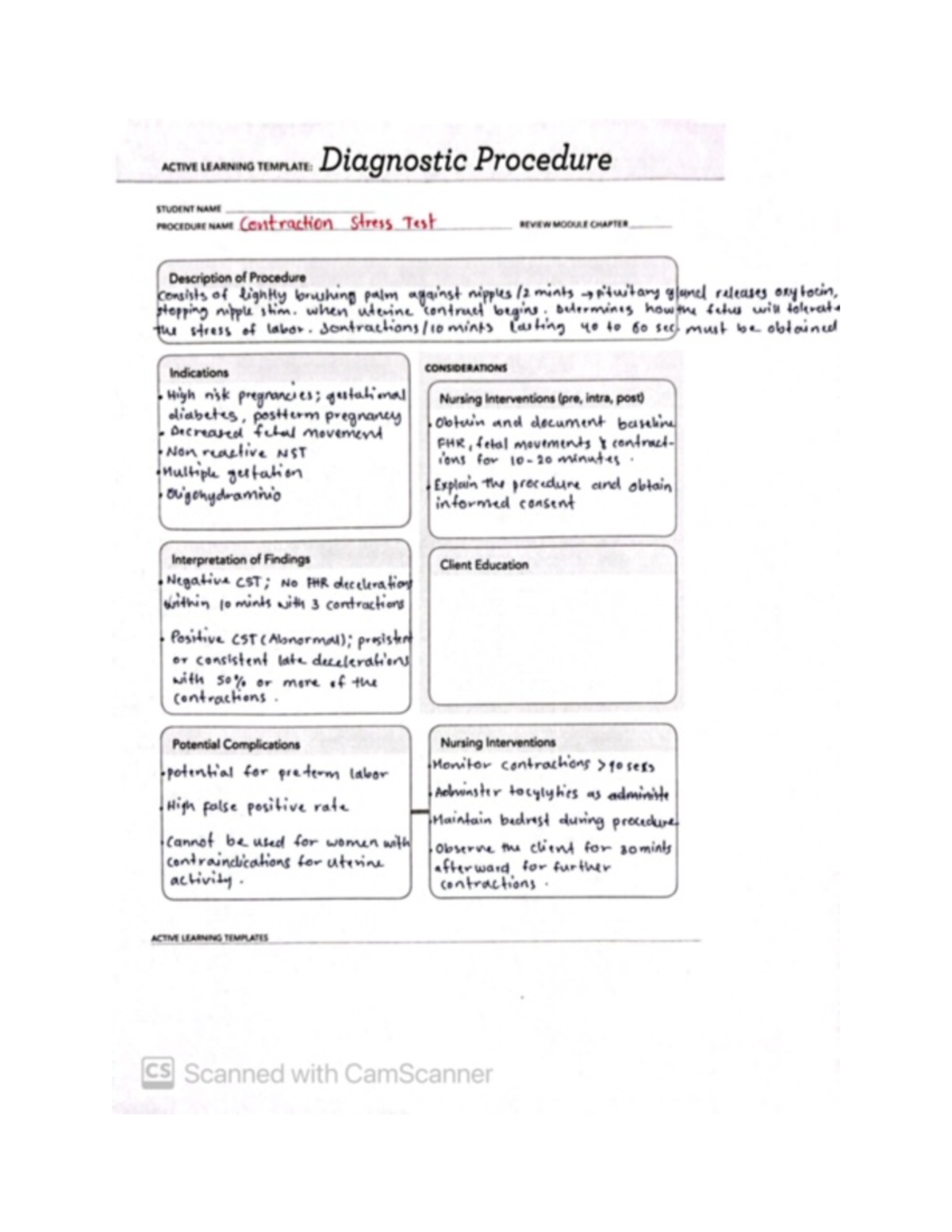 ATI Template Study Notes: Contraction Stress Test Diagnostic Procedure ...