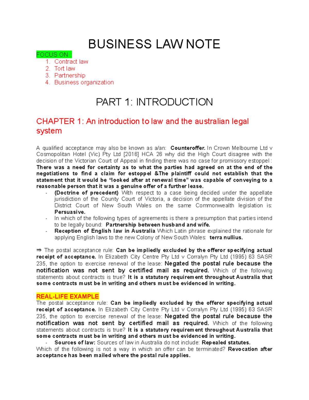 Bl 2 - Business Law case study practice - BUSINESS LAW NOTE FOCUS ON ...