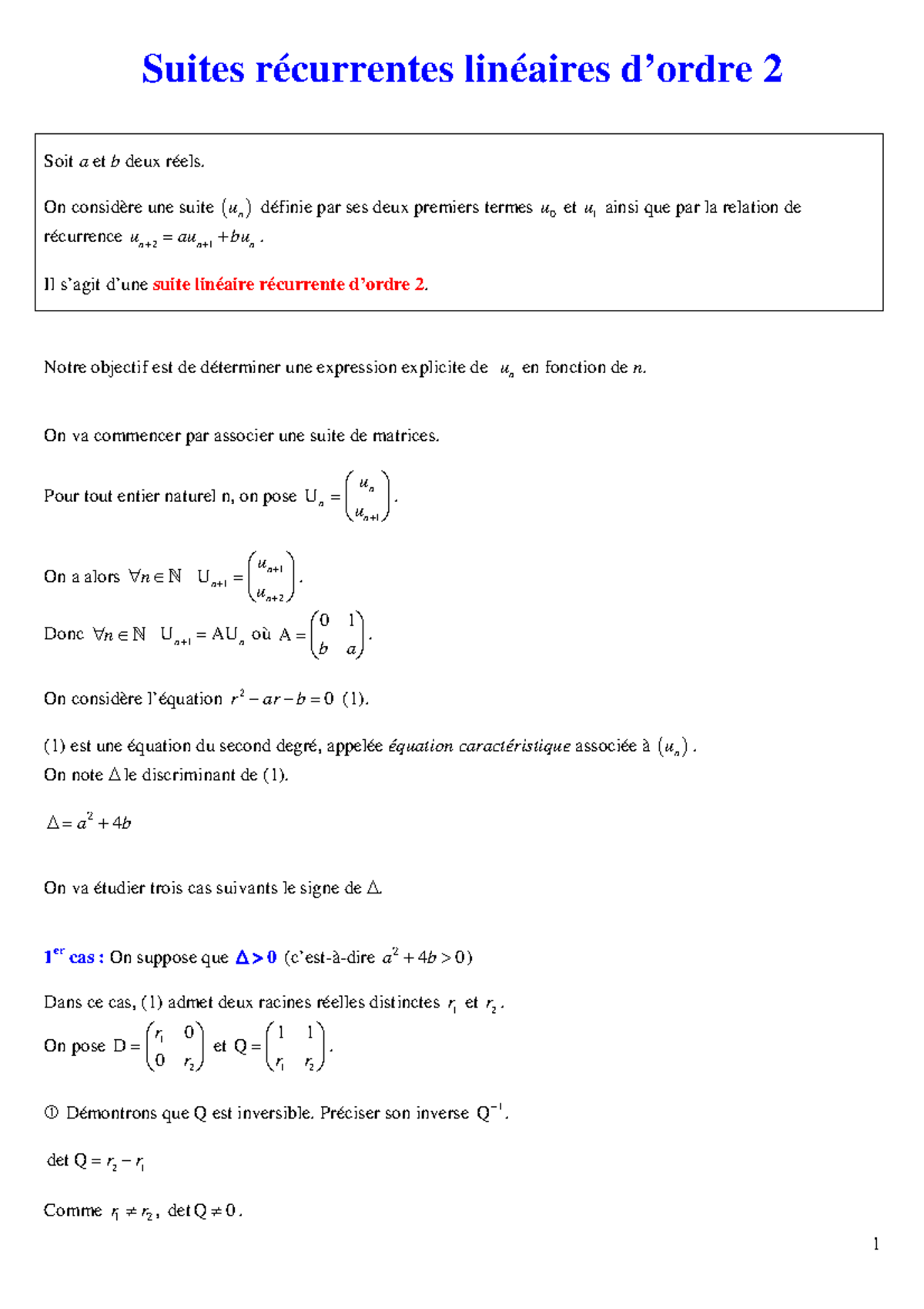 Suites Récurrentes Linéaires d'Ordre 2 : Méthodes et Applications - Studocu