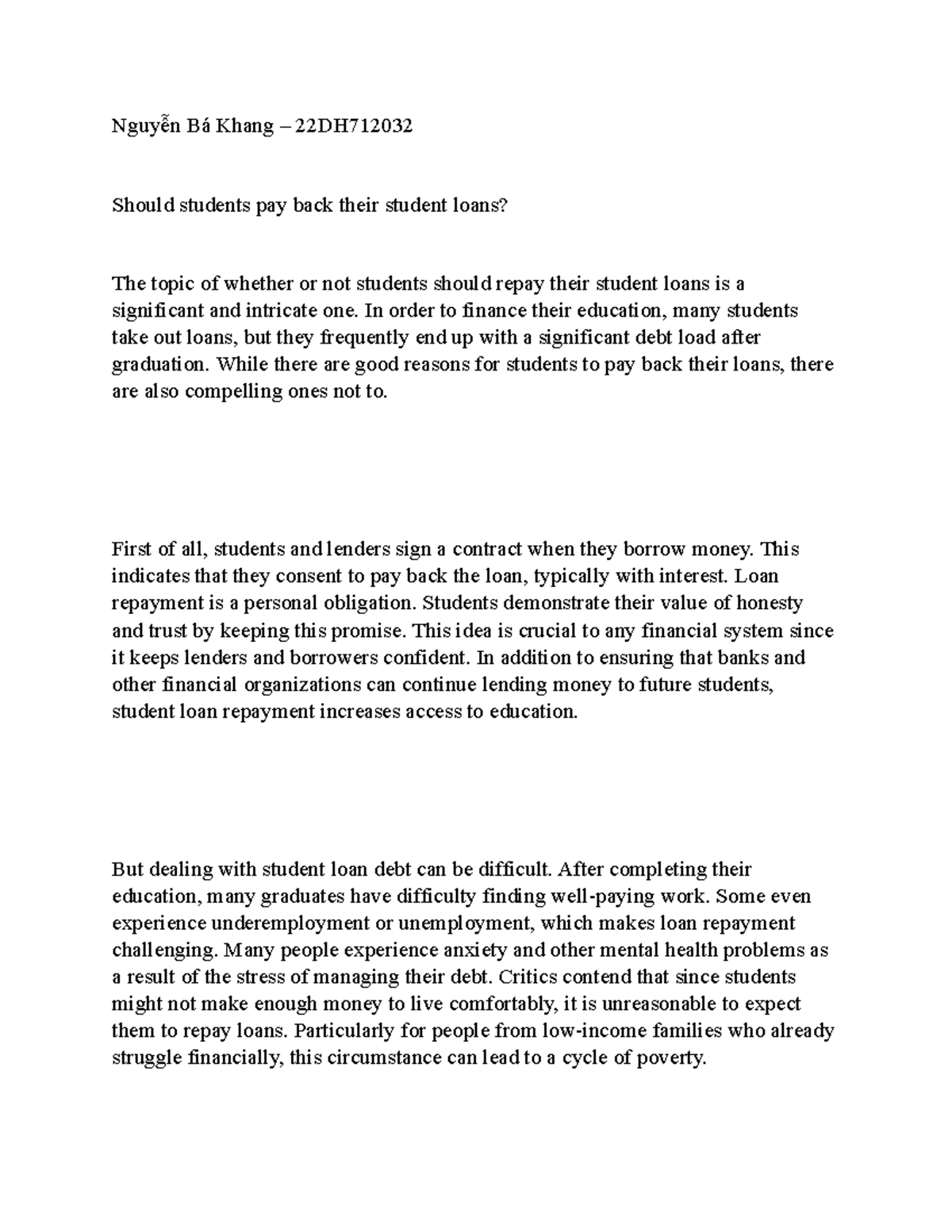 22DH Essay Notes: Should Students Repay Their Student Loans? - Studocu