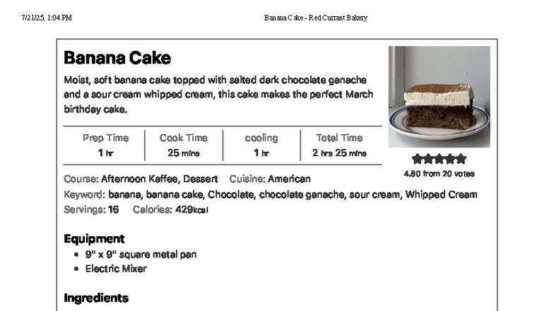 Banana Cake Recipe - Red Currant Bakery (Dessert) - Studocu