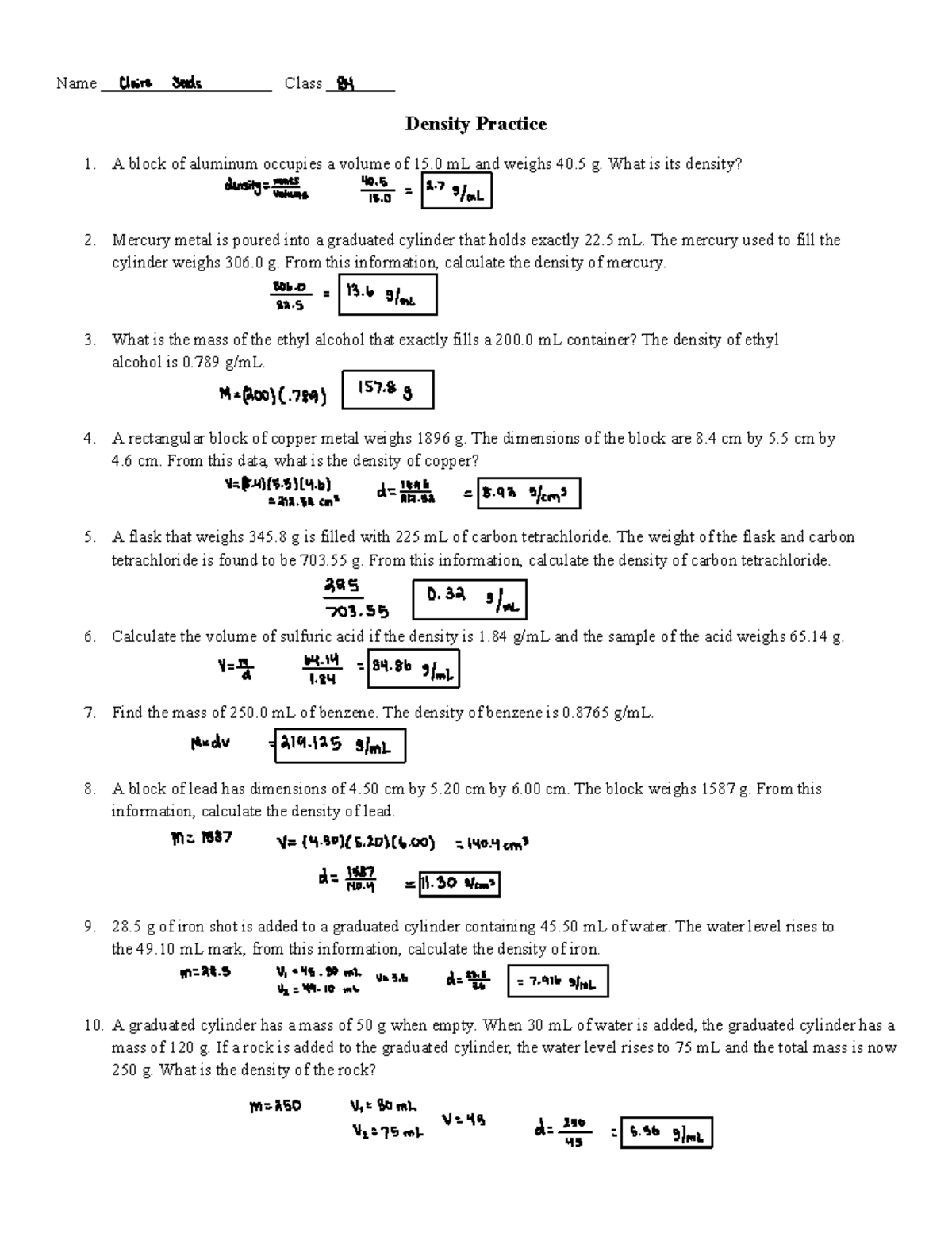 Density Calculations Practice for Class Name - T56g6g6 - Studocu