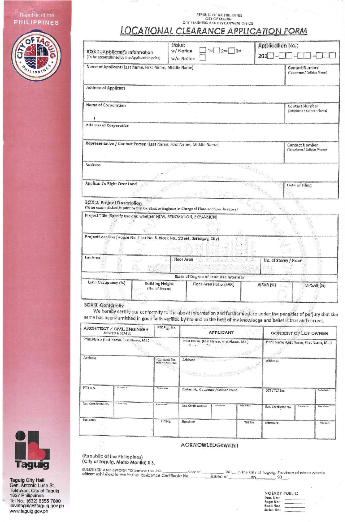 Locational Clearance Application Form - City of Taguig - Studocu