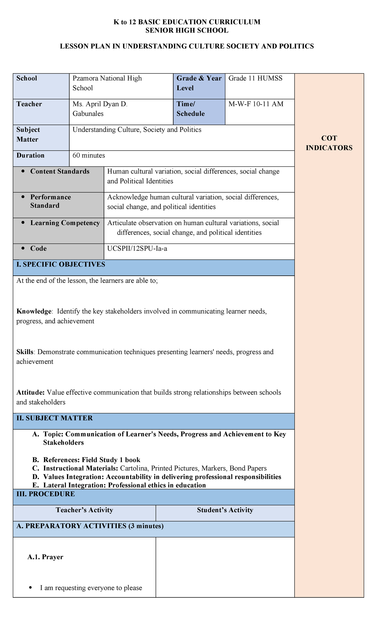 FS1 Lplan - FIELD STUDY LESSON PLAN - K to 12 BASIC EDUCATION ...