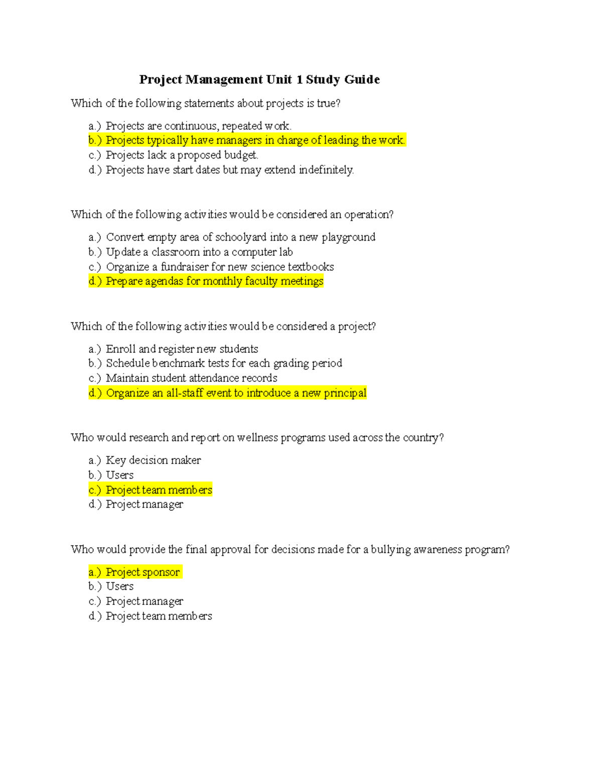 Project Management Unit 1 Study Guide: Key Concepts & Activities - Studocu