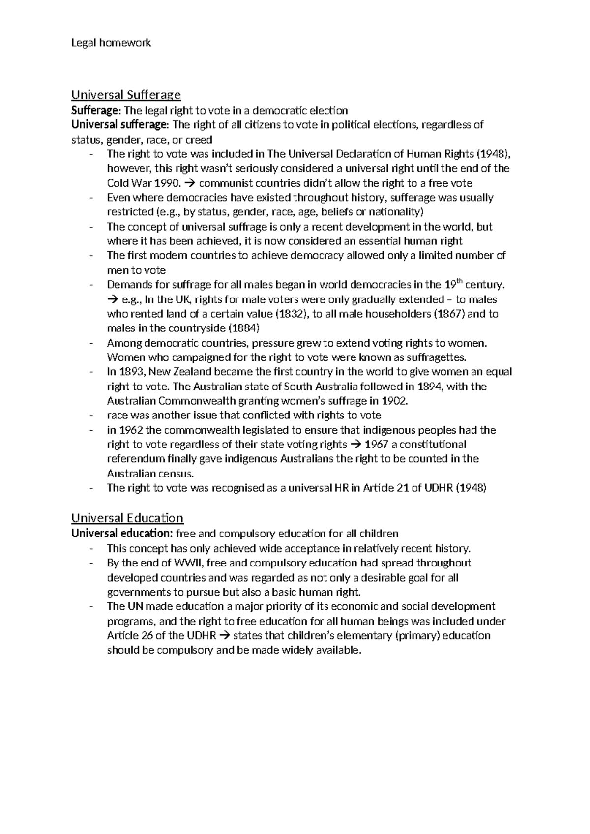 Legal Notes on Universal Suffrage and Education Rights - Studocu