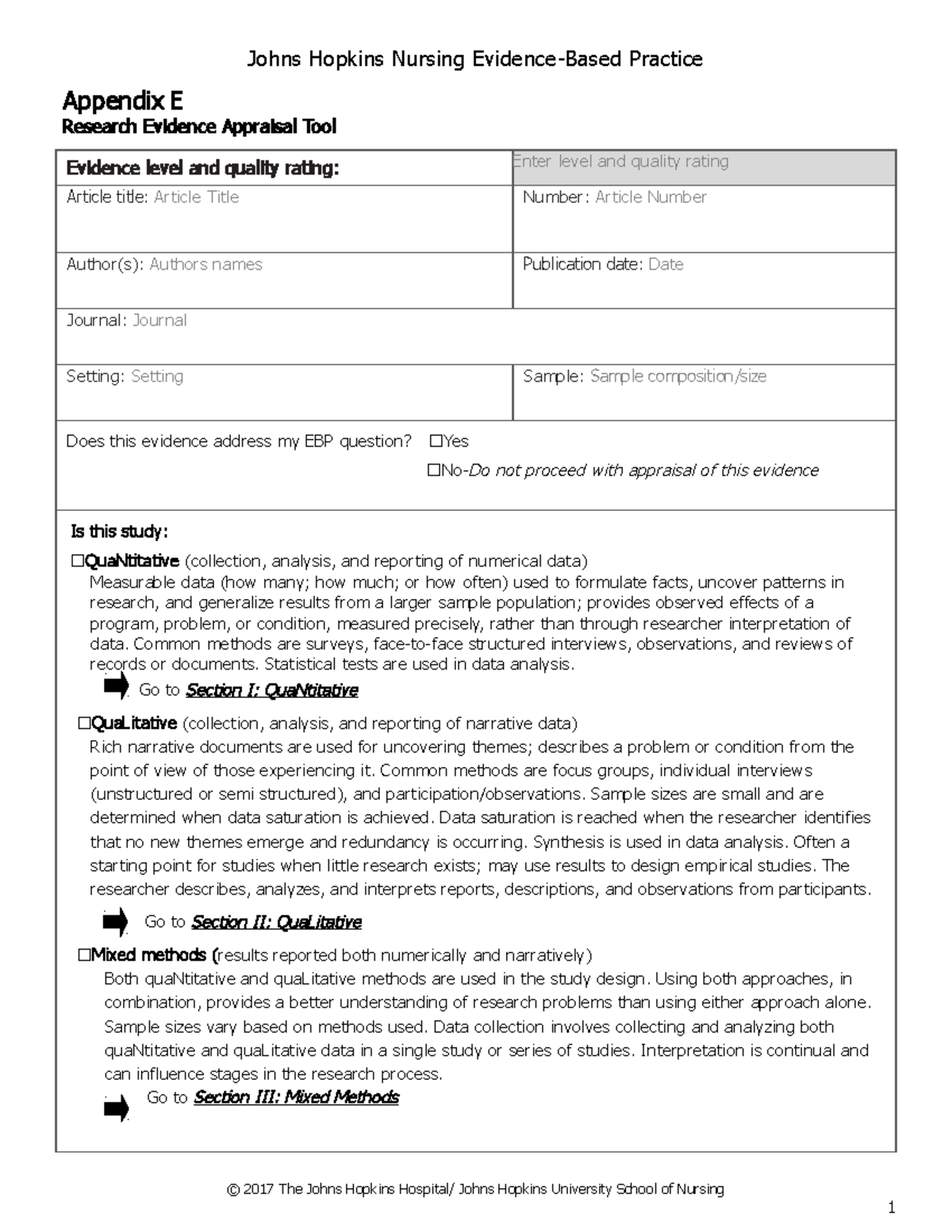 Johns Hopkins Research Evidence Appraisal Tool (Appendix E) - Studocu