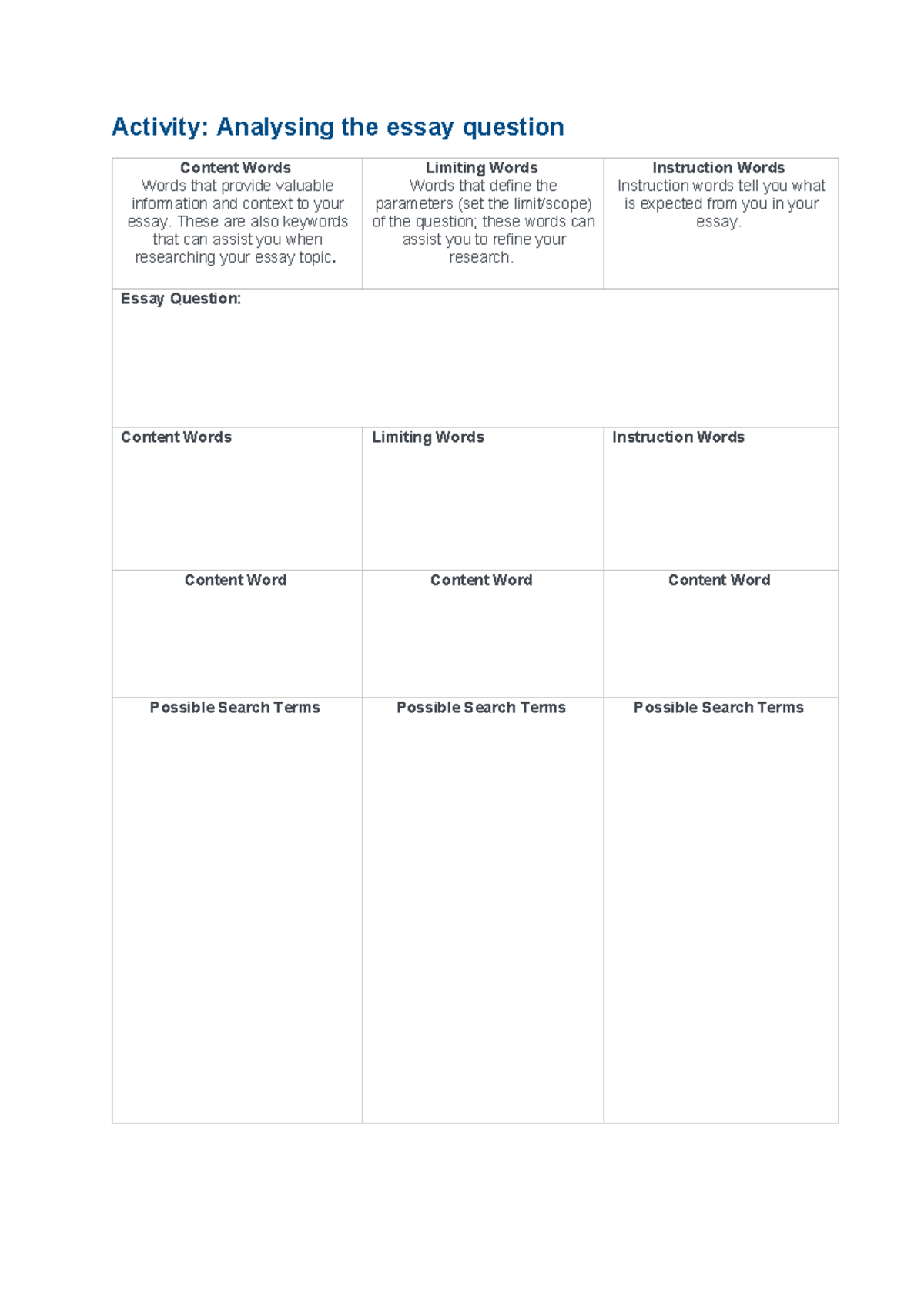 Study Guide Analysing the essay question - Activity: Analysing the ...