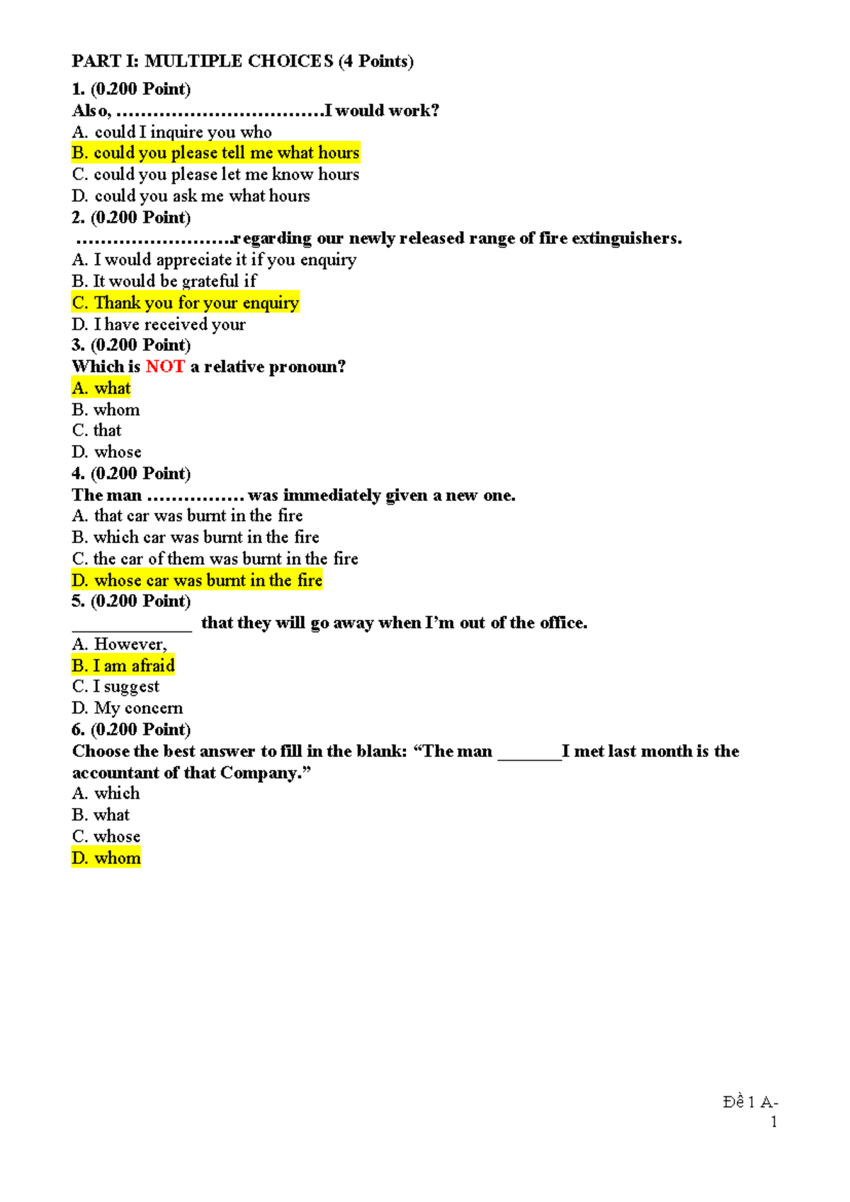 ENG 217-1 A - Kiểm Tra KTHP Writing 3: Multiple Choice & Short Answers ...
