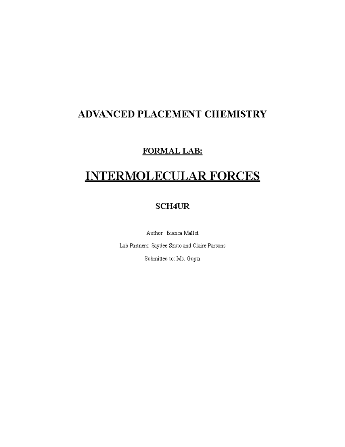 Intermolecular Lab - INTER - ADVANCED PLACEMENT CHEMISTRY FORMAL LAB ...
