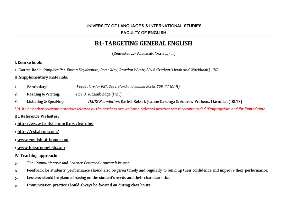 B1 General English Course Overview and Assessment Details - Studocu