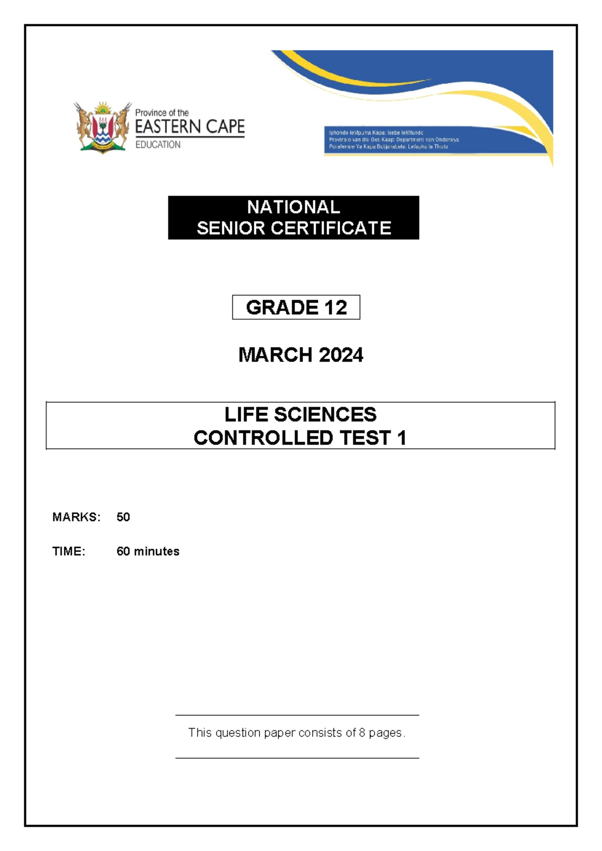 Grade 12 Life Sciences Controlled Test 1 QP March 2024 - Studocu