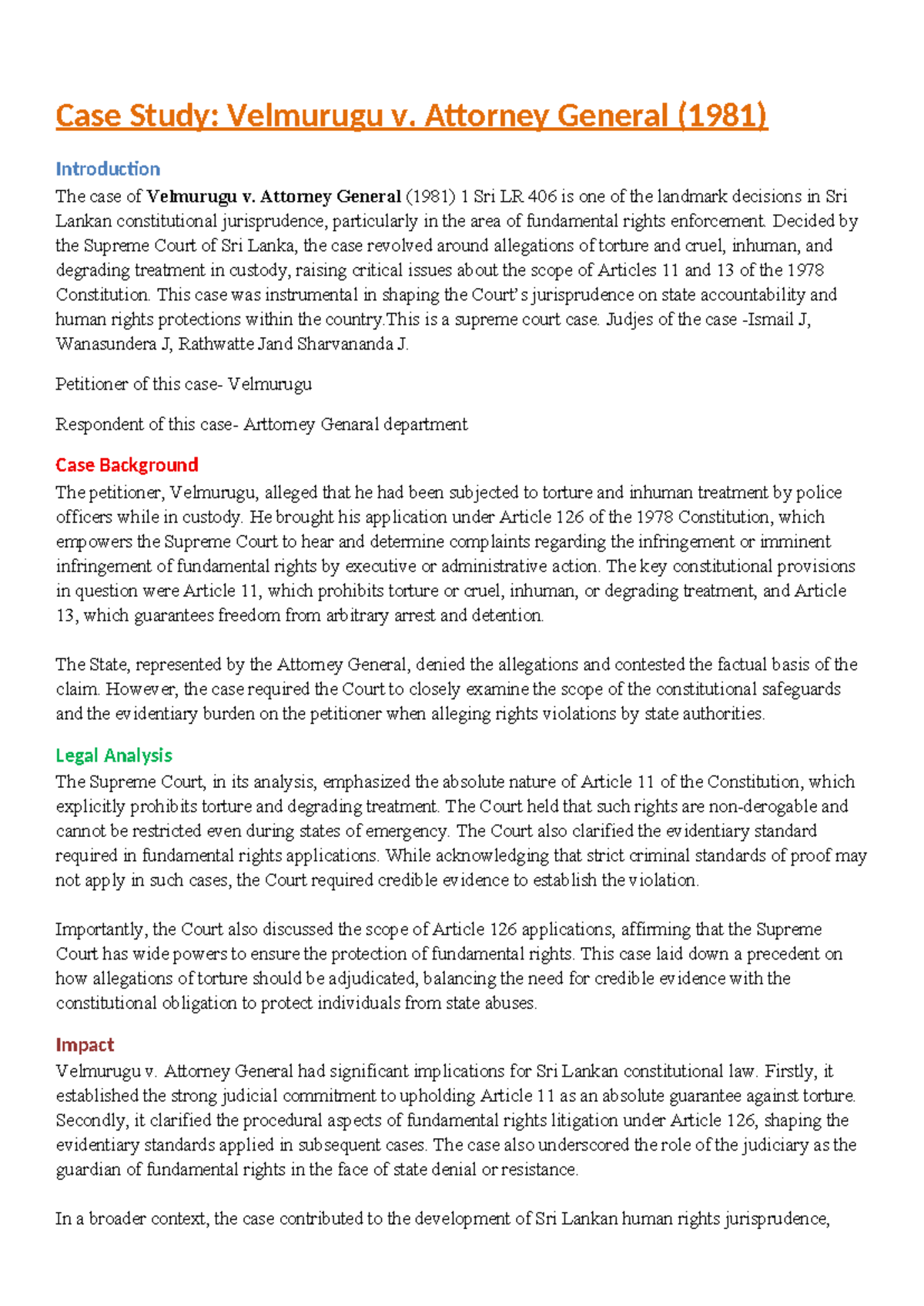 Case Study: Velmurugu v. Attorney General (1981) Analysis - Studocu