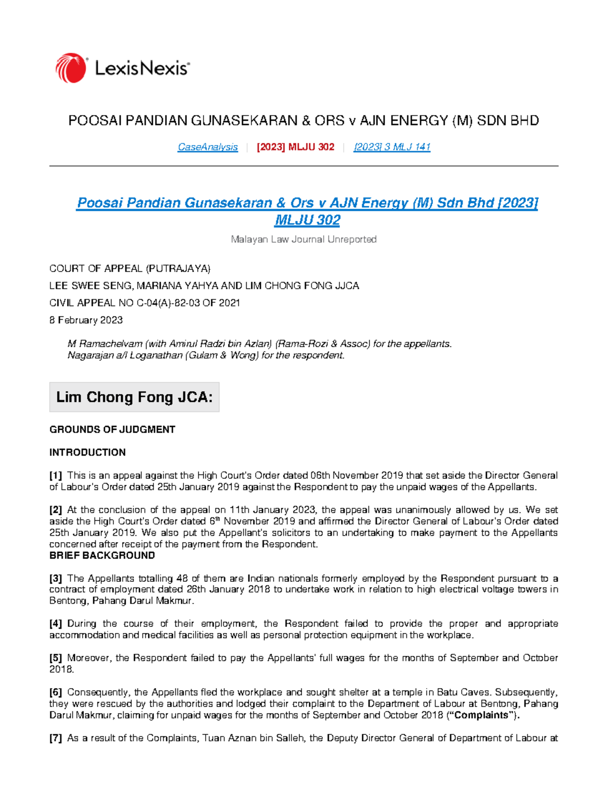 POOSAI PANDIAN GUNASEKARAN ORS v AJN ENERGY (M) SDN BHD Case Study MLJU ...