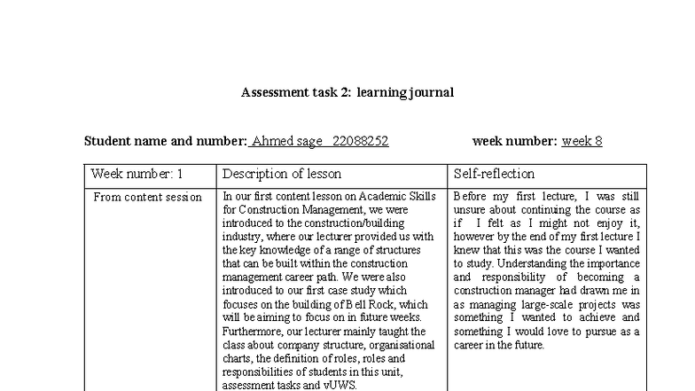 Academic Skills for Construction Management: Learning Journal (Week 1-8 ...