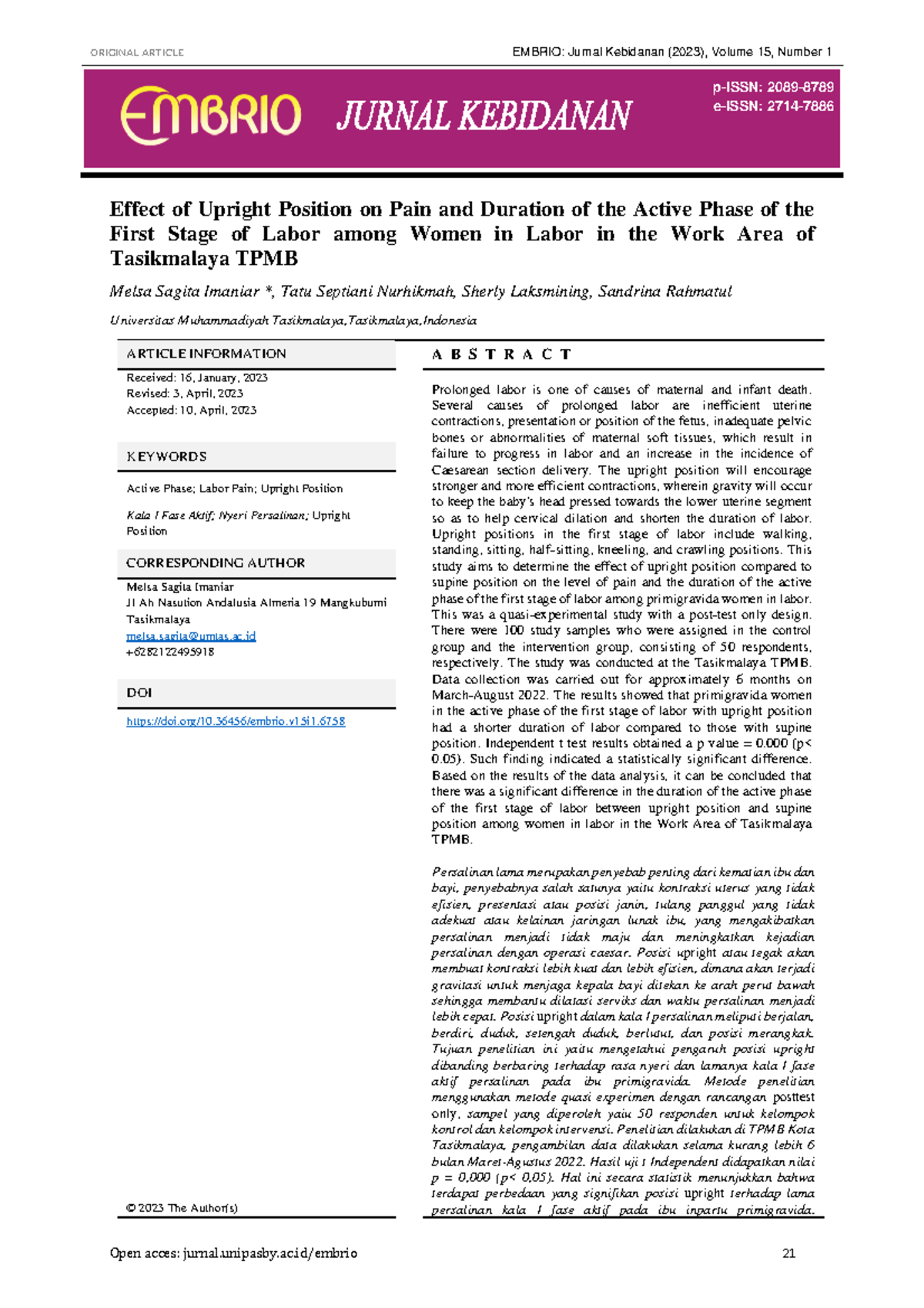 Effect of Upright Position on Pain & Duration of Active Labor: A Study ...