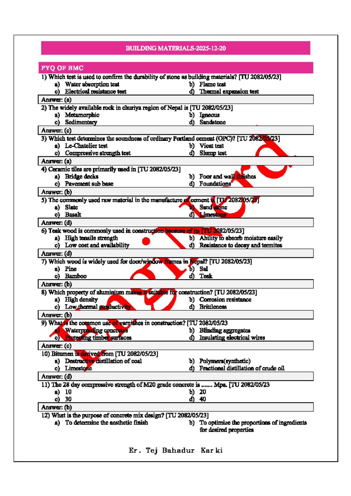 Building Materials PYQ MCQs for BMC Course - Studocu