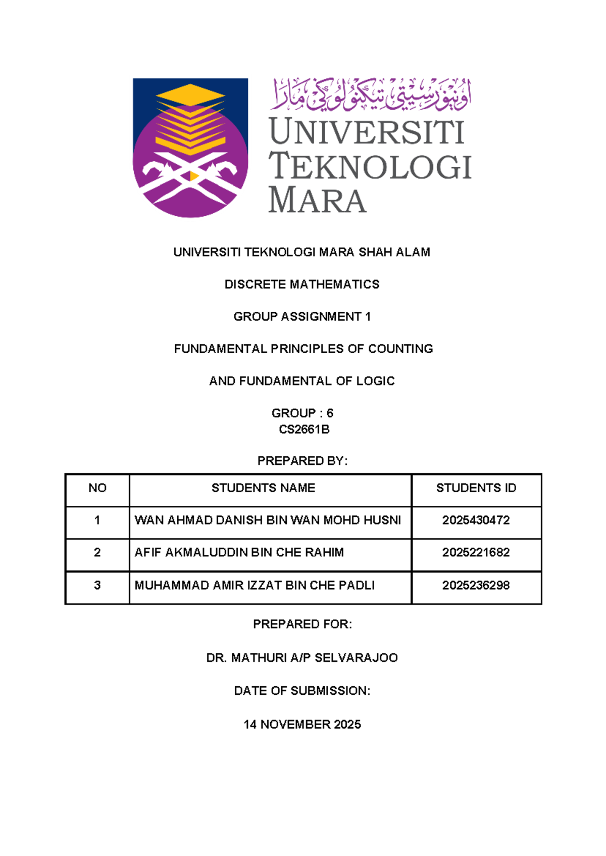CS2661B Discrete Mathematics Group Assignment 1: Counting & Logic ...