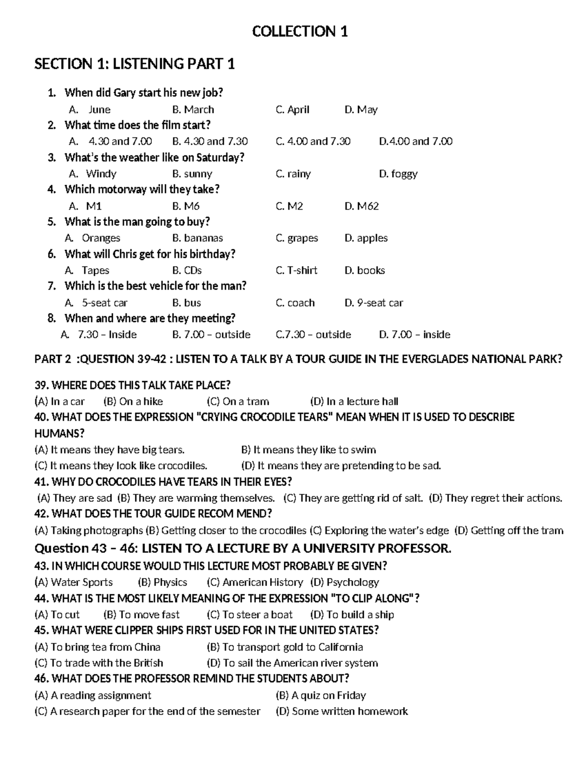 COLLECTION 1: LISTENING & READING PRACTICE QUESTIONS - Studocu