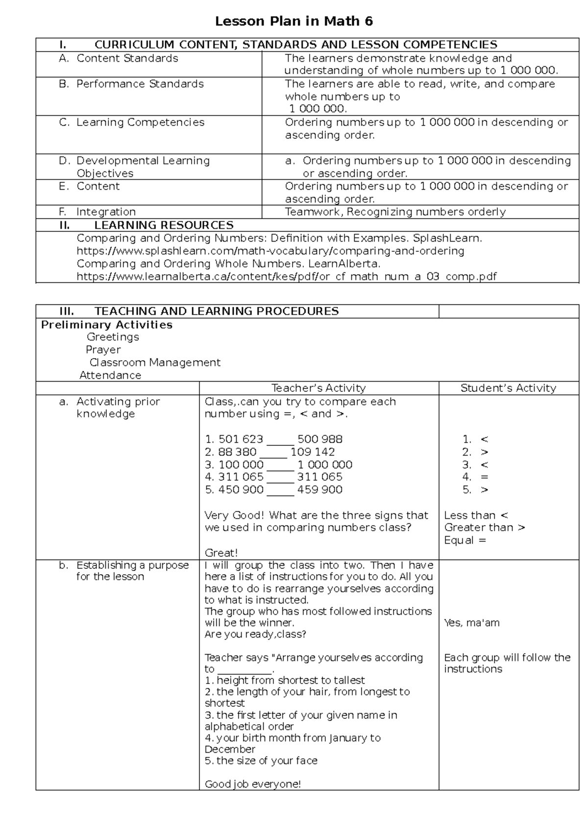 Detailed Lesson Plan in Math 6: Ordering Whole Numbers - Studocu