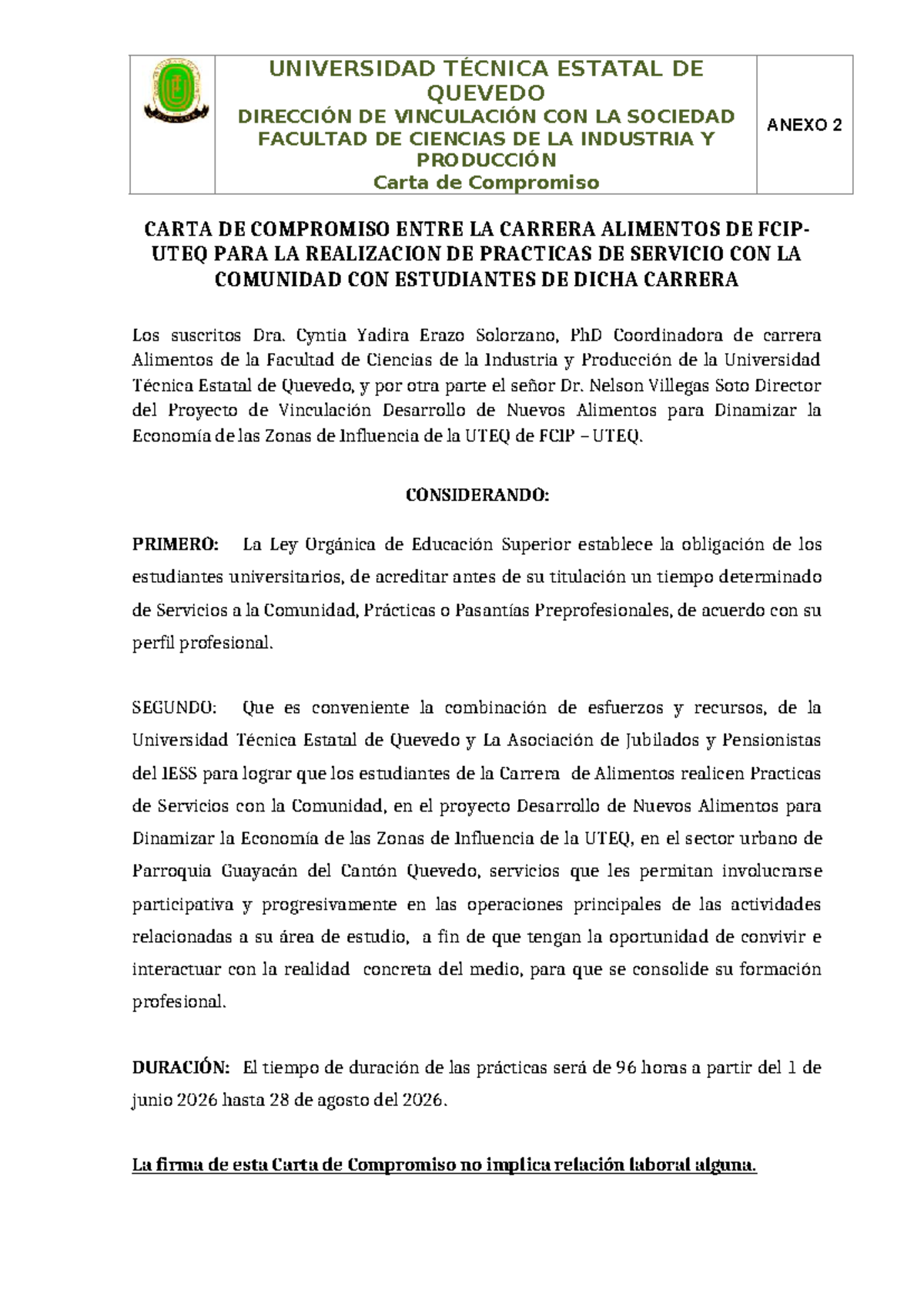 Carta de Compromiso para Prácticas de Servicio - Alimentos FCIP UTEQ ...