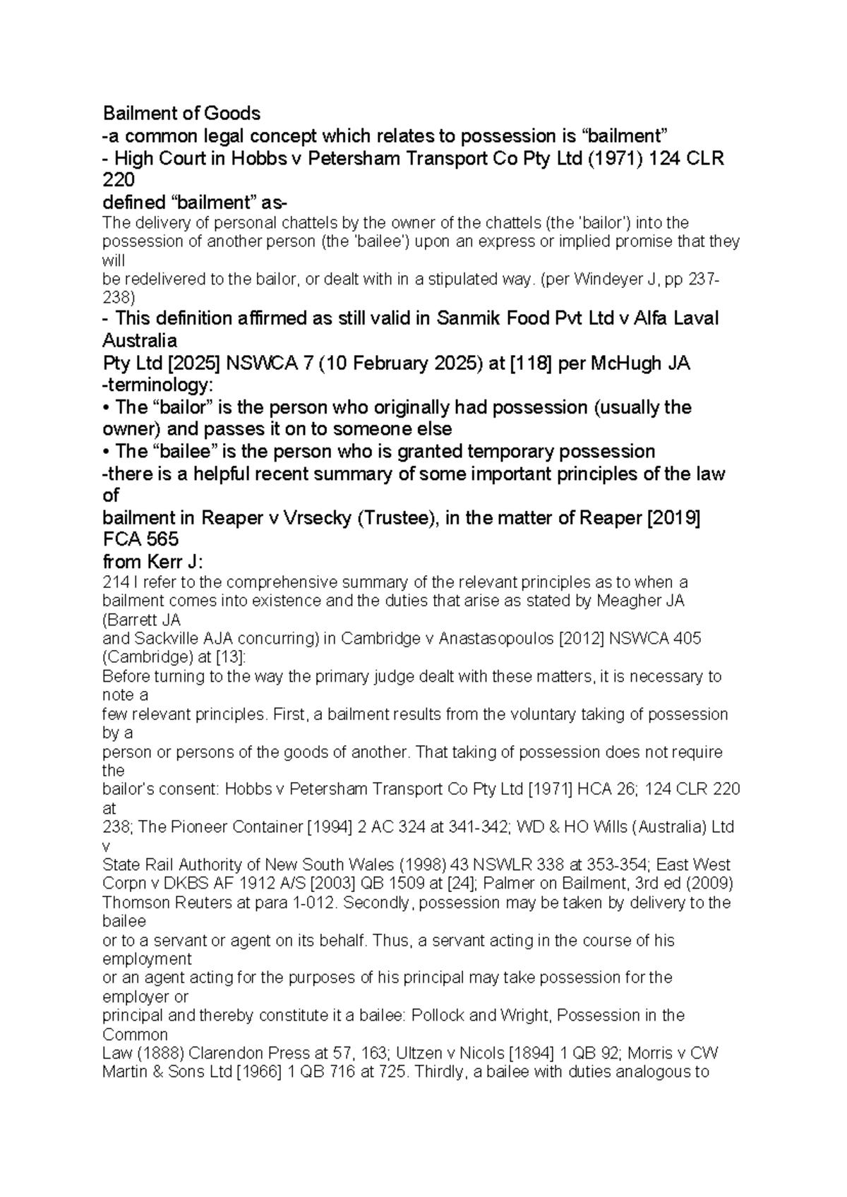 Bailment of Goods: Key Legal Principles and Case Law (Torts I: Sem 1 ...