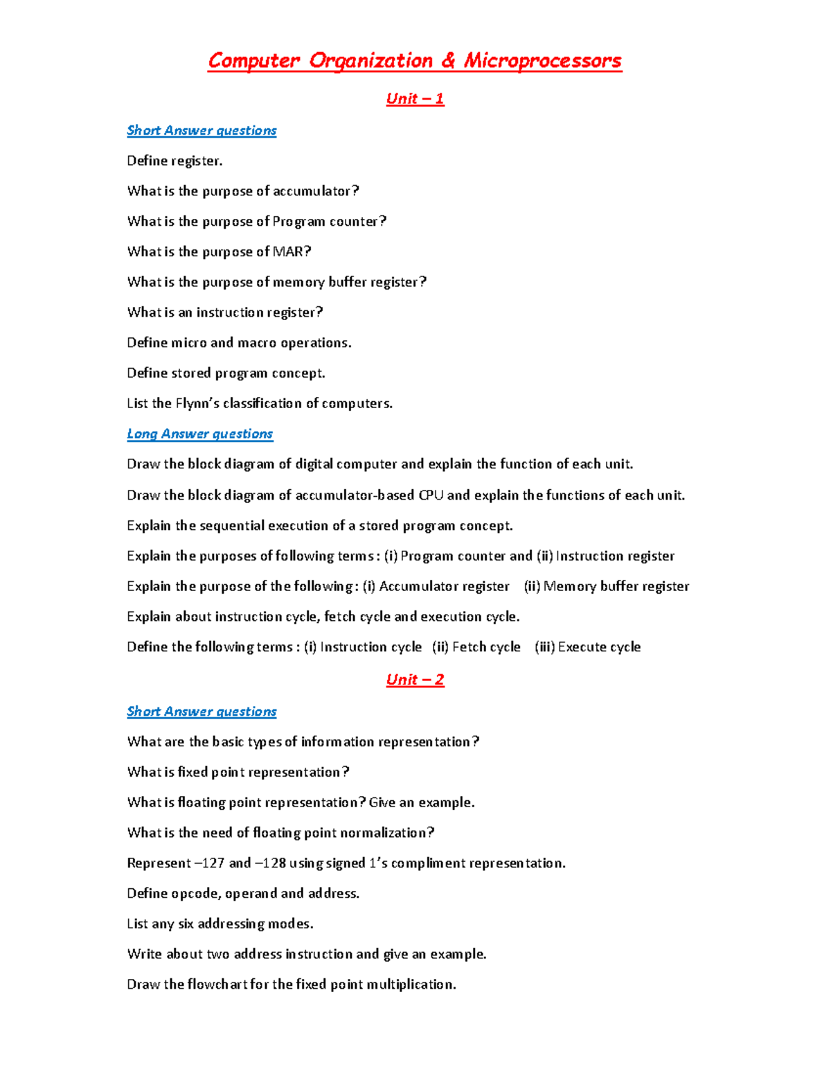 COMP Unit Wise Previous Year Questions on Microprocessors - Studocu