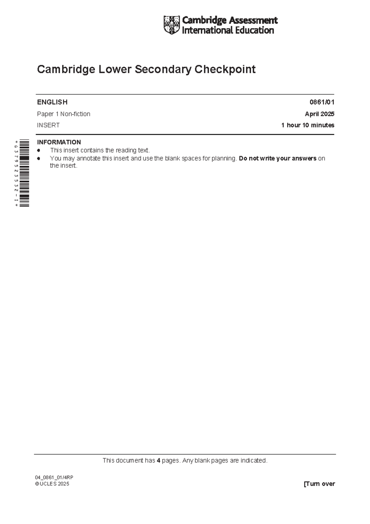 Cambridge Lower Secondary Checkpoint ENGLISH Paper 1 Insert April 2025 ...