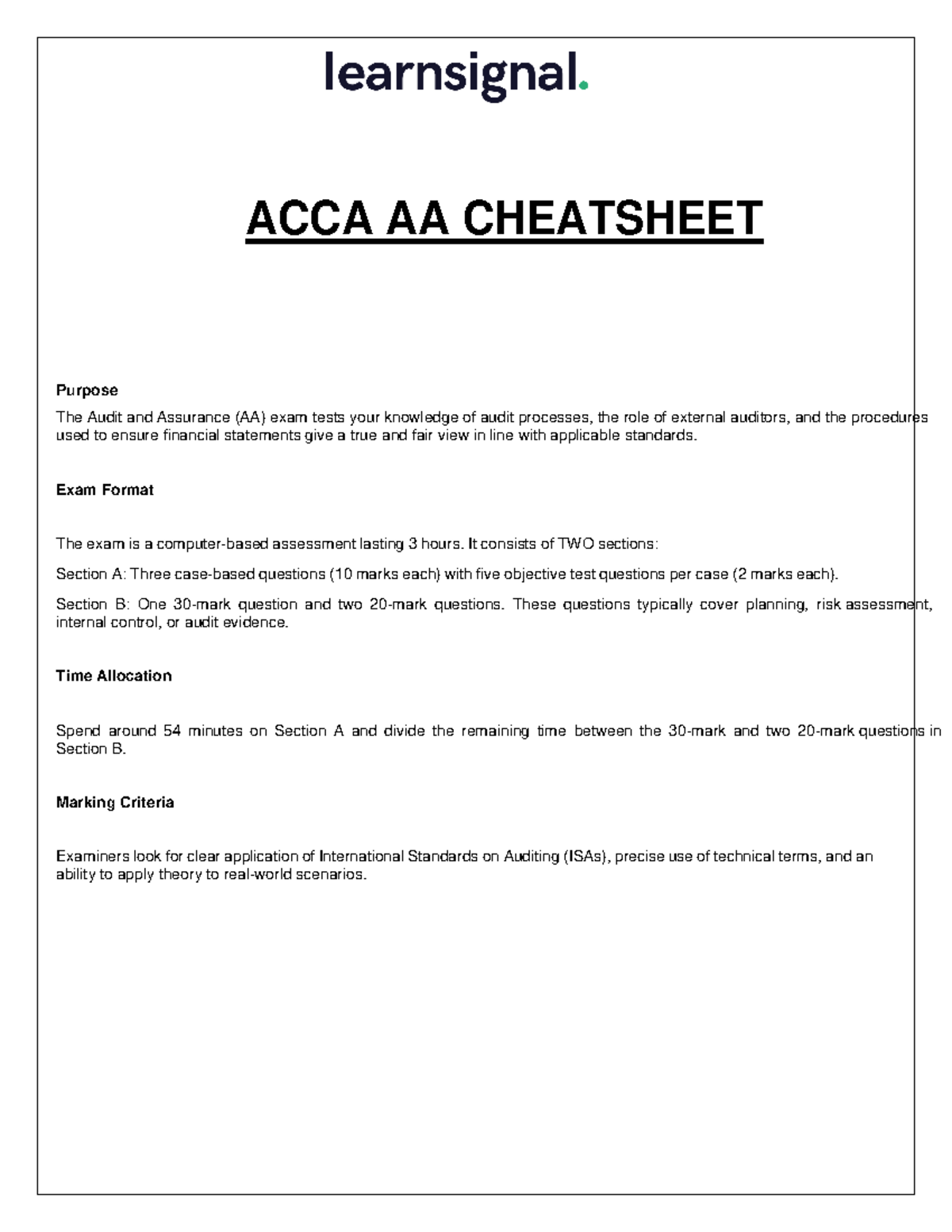 ACCA AA Cheatsheet: Key Tips and Exam Strategies - Studocu