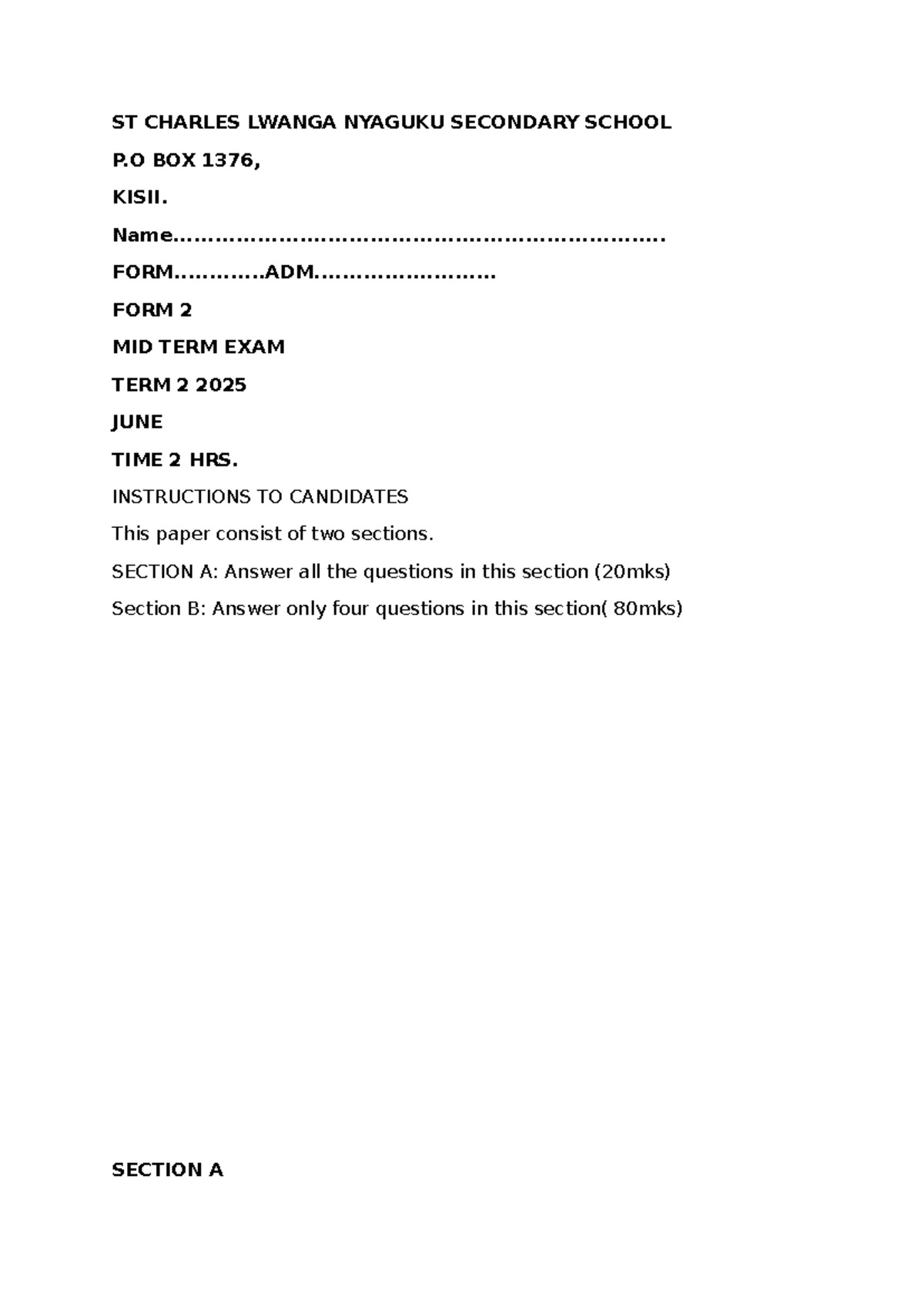 CRE FORM 2 Midterm Exam Term 2 2025 - Questions & Instructions - Studocu