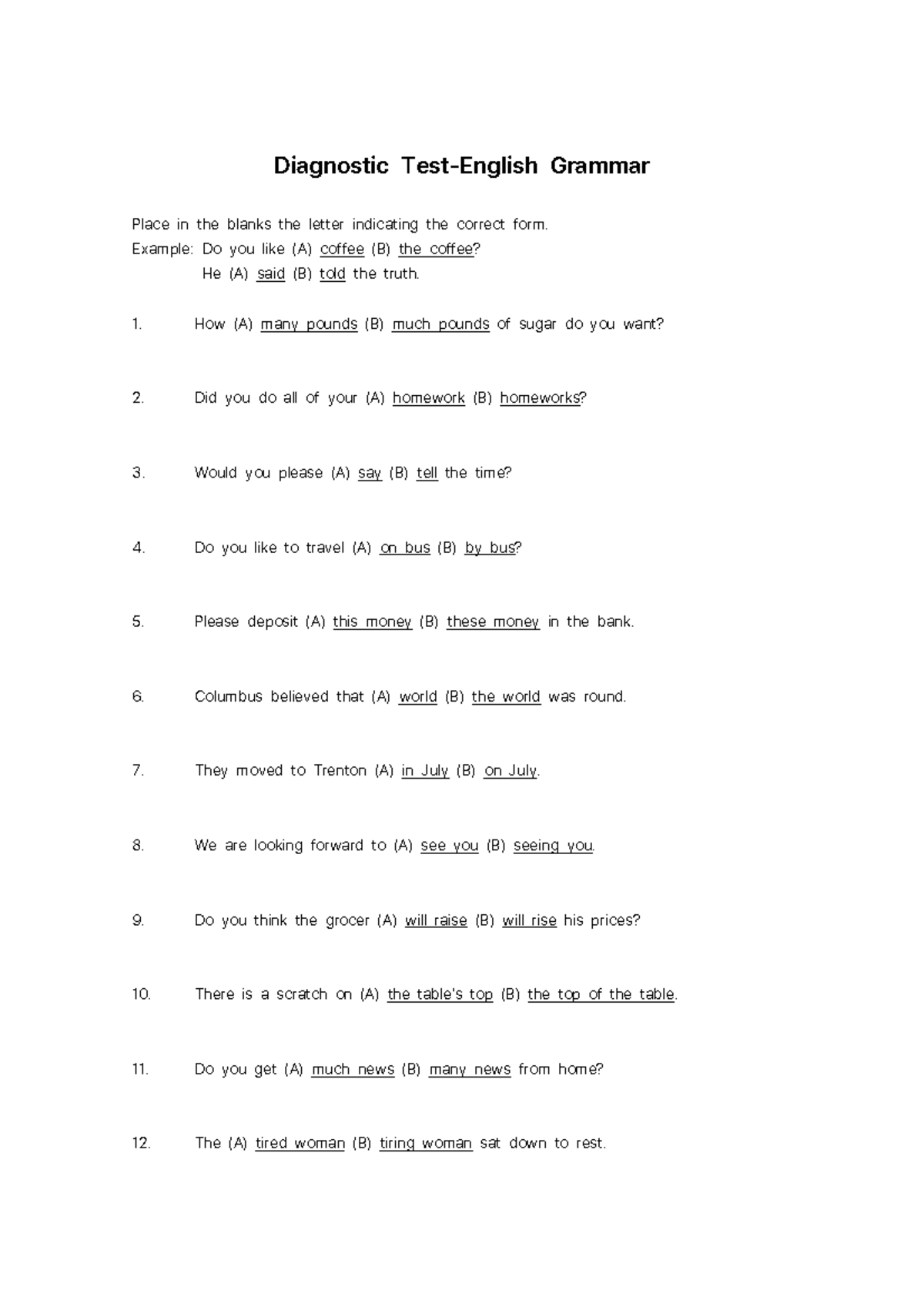 Diagnostic Test: English Grammar Exercises and Answers - Studocu