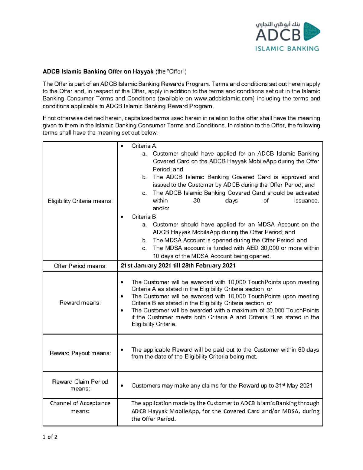 ADCB Islamic Banking Offer on Hayyak: Terms & Conditions Notes - Studocu