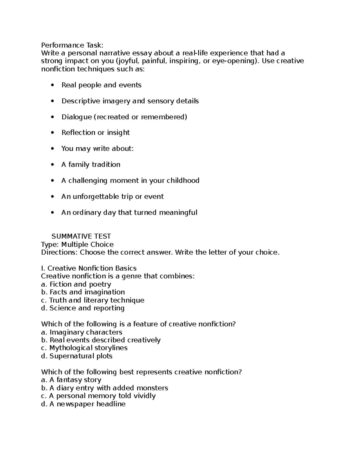 CNF 101: Personal Narrative Essay Performance Task & Test Guide - Studocu