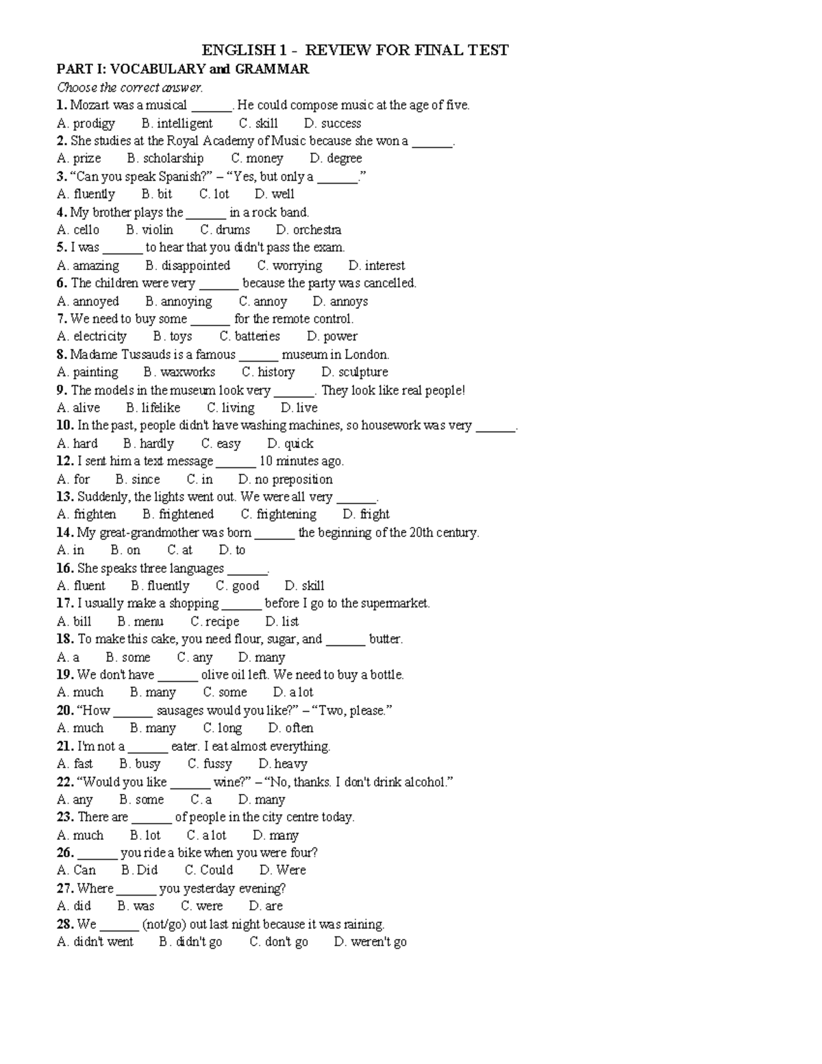 ENGLISH 1 FINAL TEST REVIEW: VOCABULARY & GRAMMAR PART I - Studocu