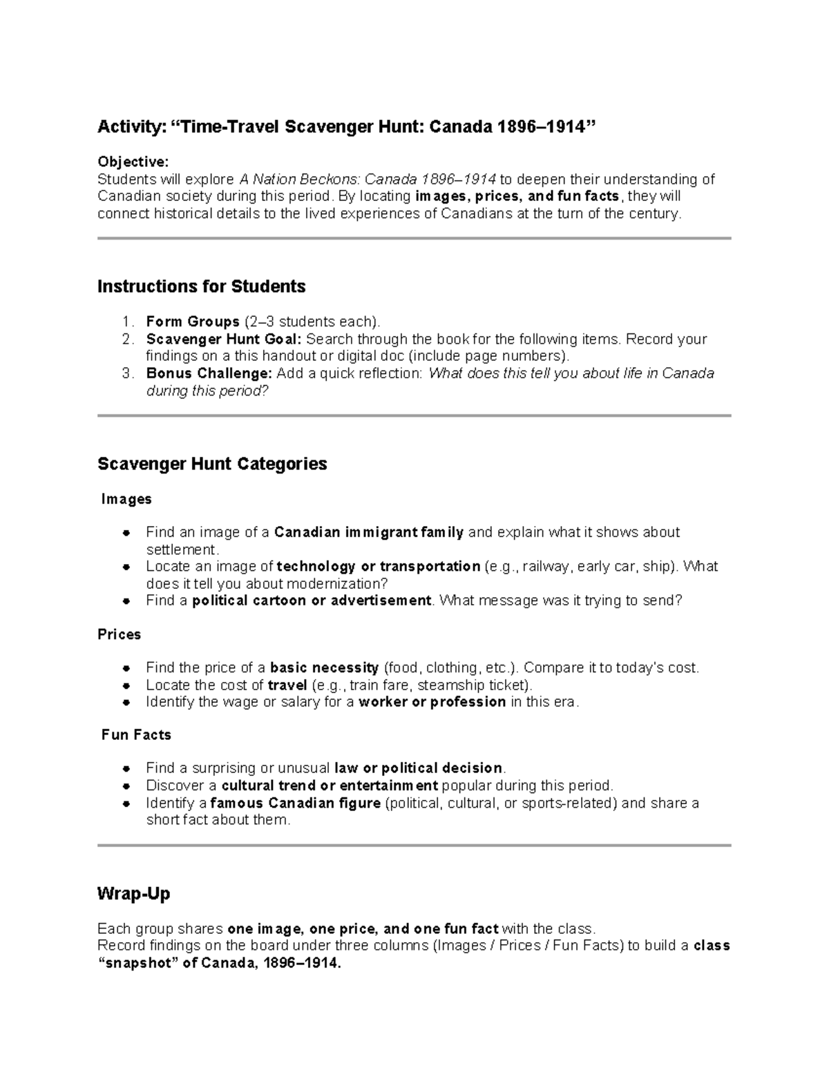 Activity: Time-Travel Scavenger Hunt: Canada 1896–1914 - Studocu