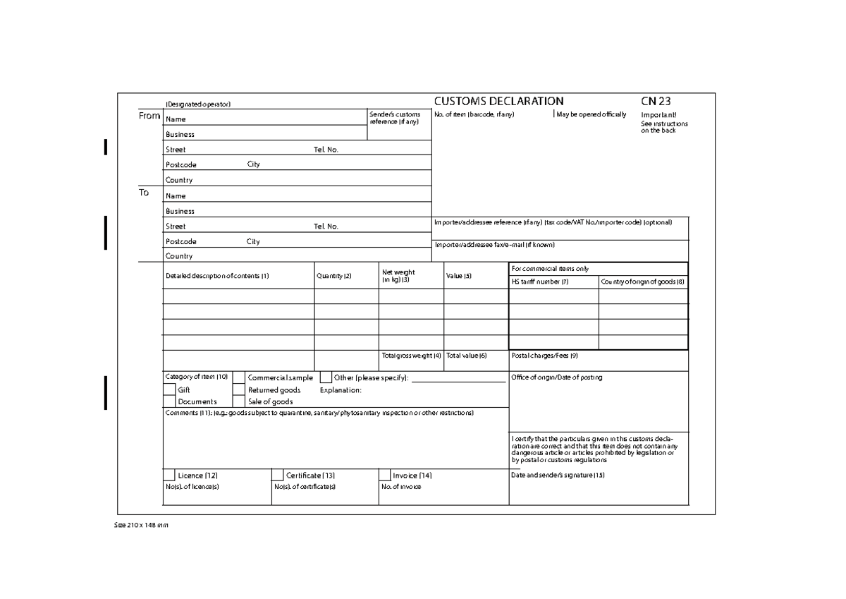 Customs Declaration CN 23 Form - Important Instructions and Details ...