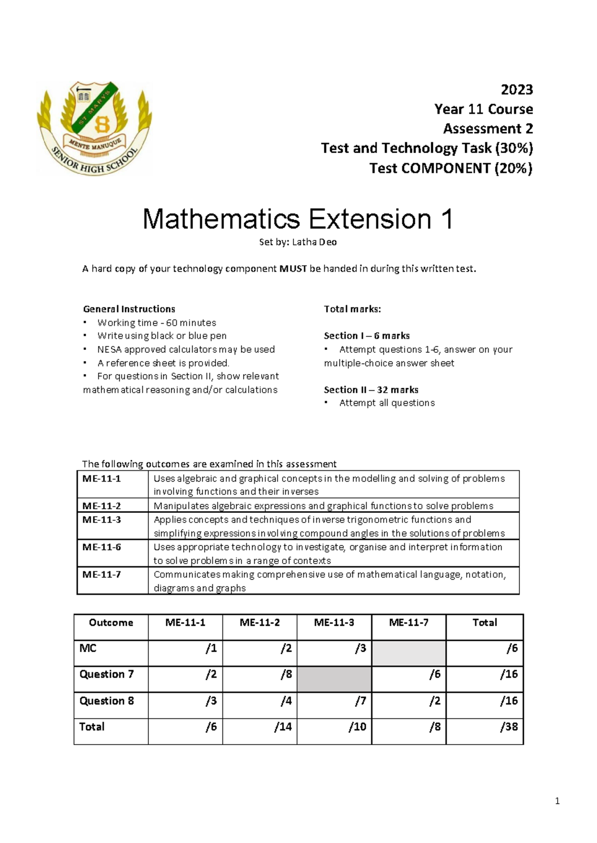 11MXA-2023 - Year 11 Mathematics Extension 1 Assessment Test - Studocu