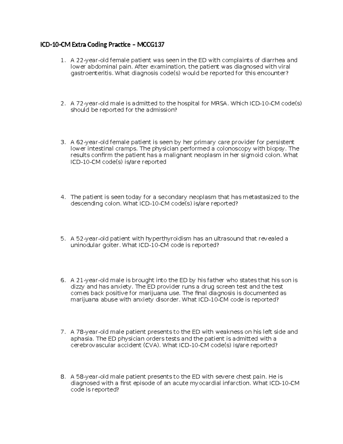 MCCG137 Final Exam ICD-10-CM Extra Coding Practice Worksheet - Studocu
