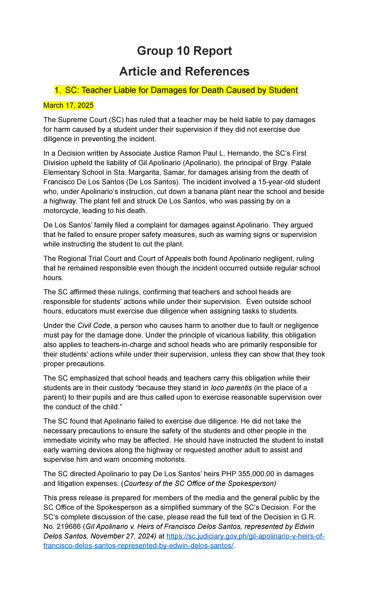 Group 10 Case Study: Teacher Liability for Student Harm (SC Decision ...