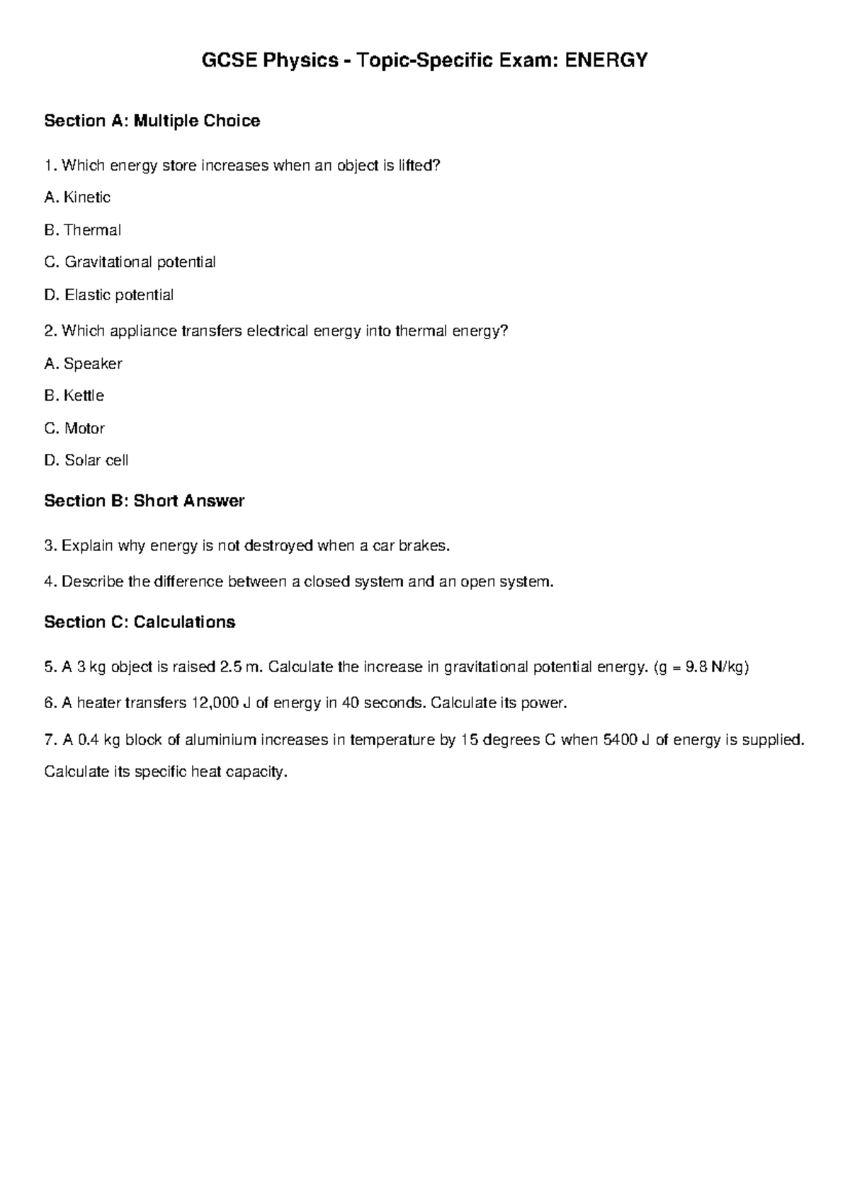 GCSE Physics Exam: Energy Concepts & Calculations - Studocu