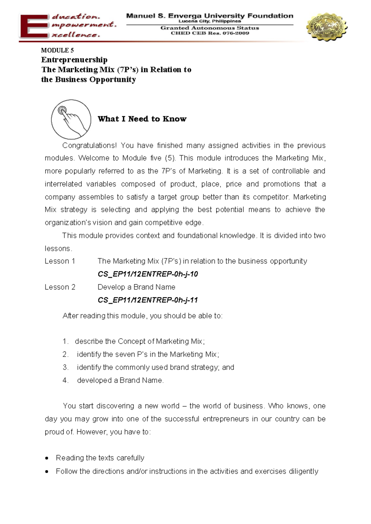 ENTREP-CS_EP11/12 Marketing Mix & Branding Module 5 Activity Sheet ...