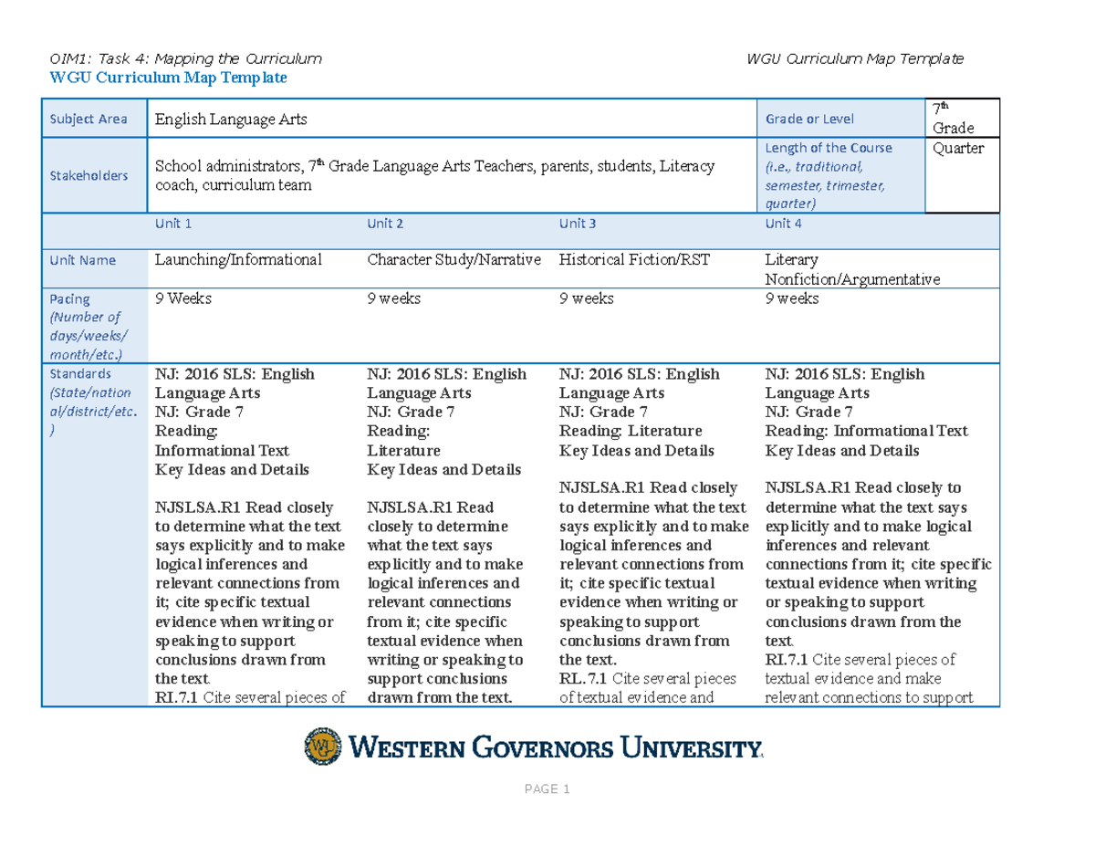 Task 4 Mapping the Curriculum - WGU Curriculum Map Template Subject ...