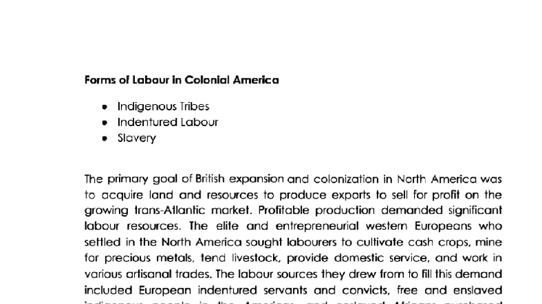 Forms of Labour in Colonial America: Indigenous, Indentured, and ...
