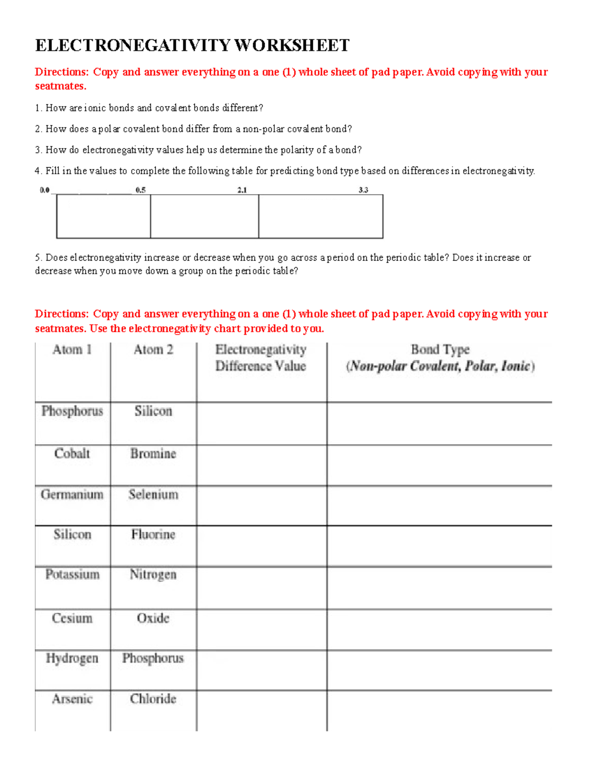 Electronegativity Worksheet - ELECTRONEGATIVITY WORKSHEET Directions ...