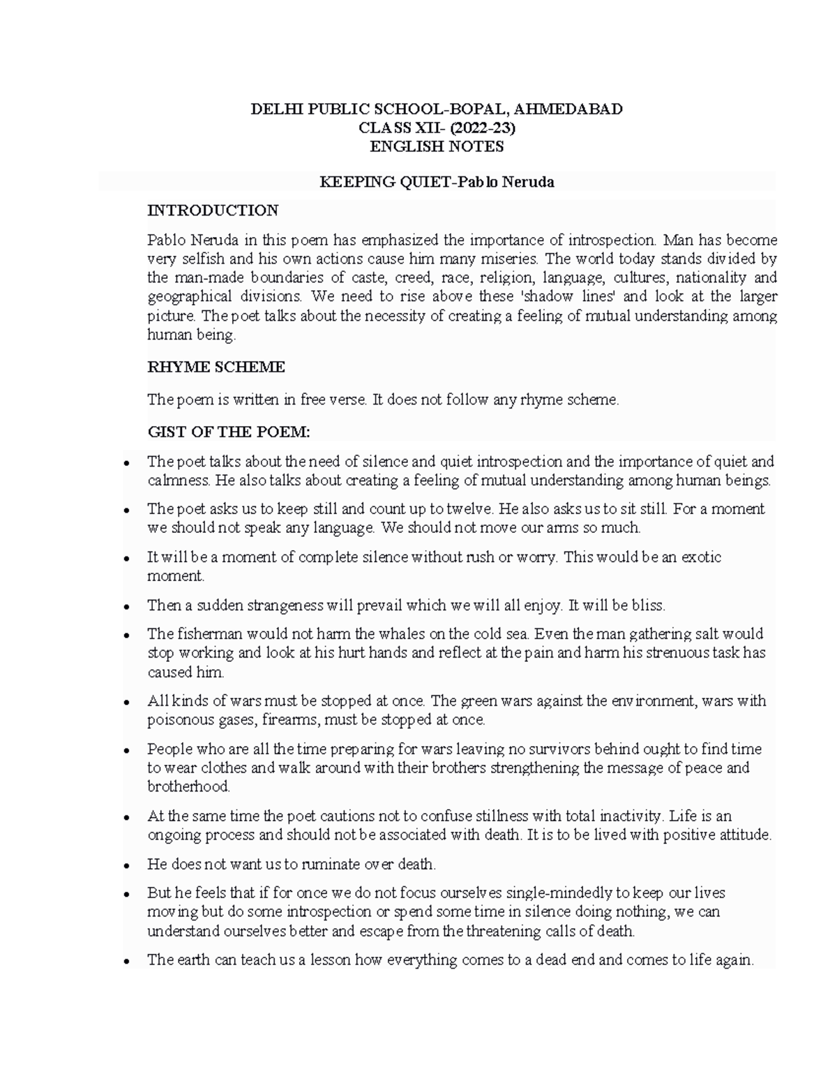 Keeping Quiet - Notes - course work - DELHI PUBLIC SCHOOL-BOPAL ...