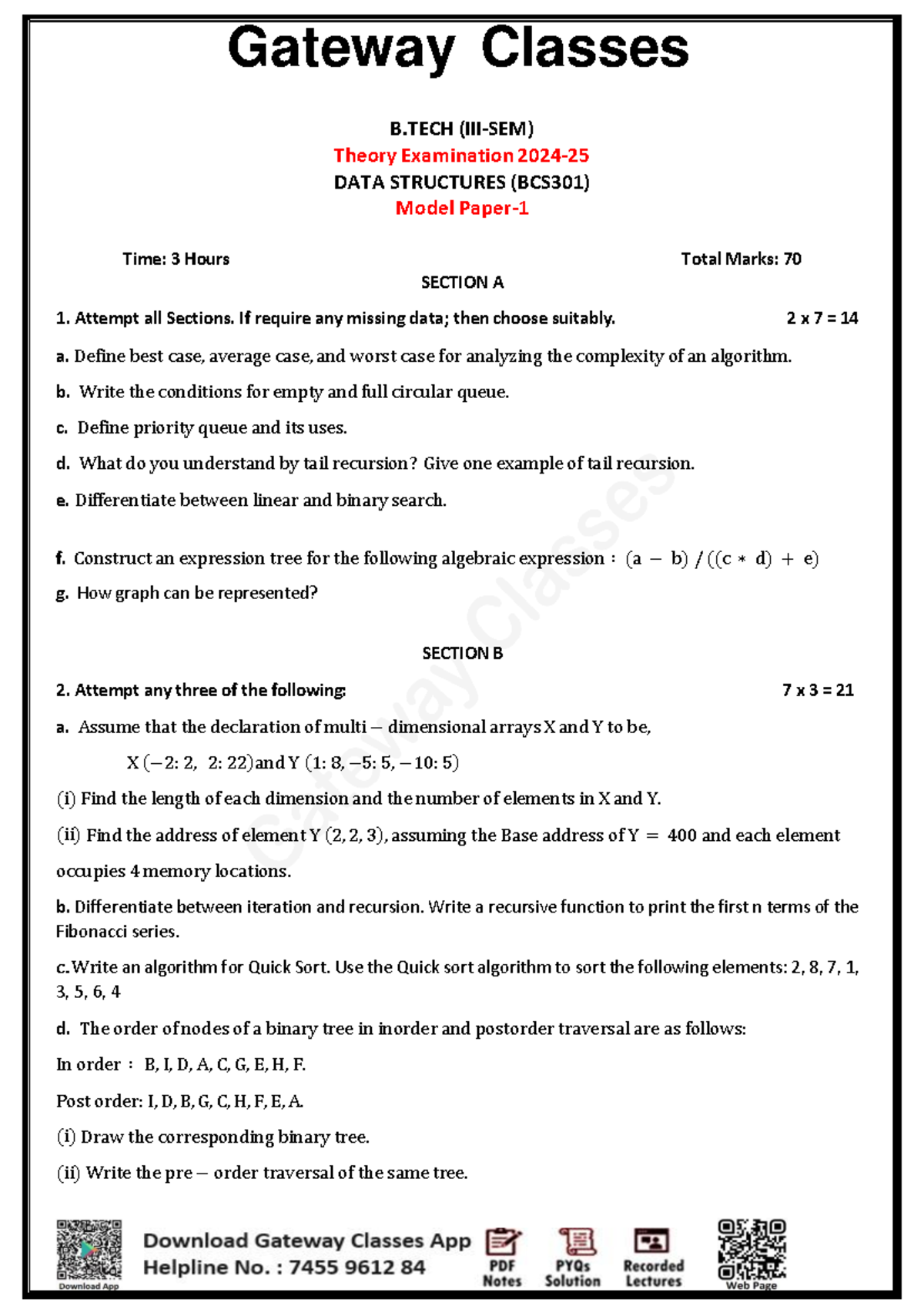 DATA Structure Model Papers (TWO) 2425 - B (III-SEM) Theory Examination 2024 - 25 DATA ...